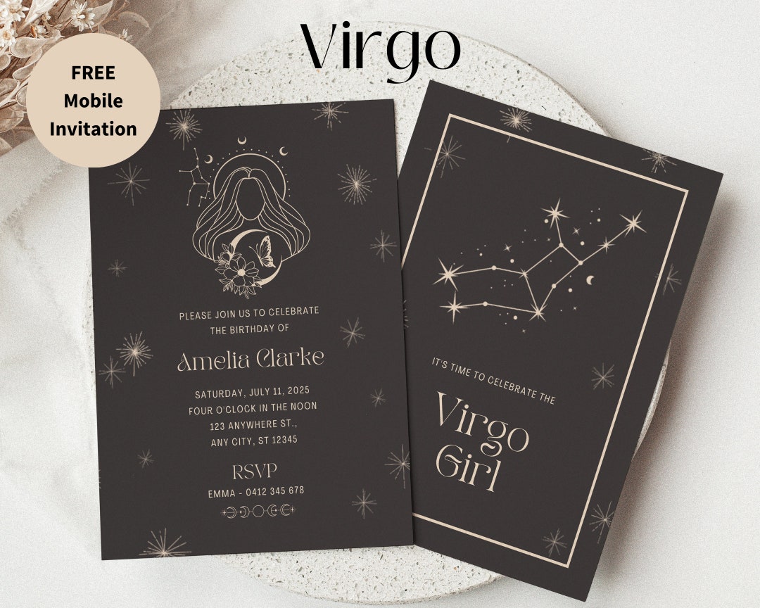 Virgo Star Sign Birthday Invitation 5x7'', Zodiac Party Printable ...