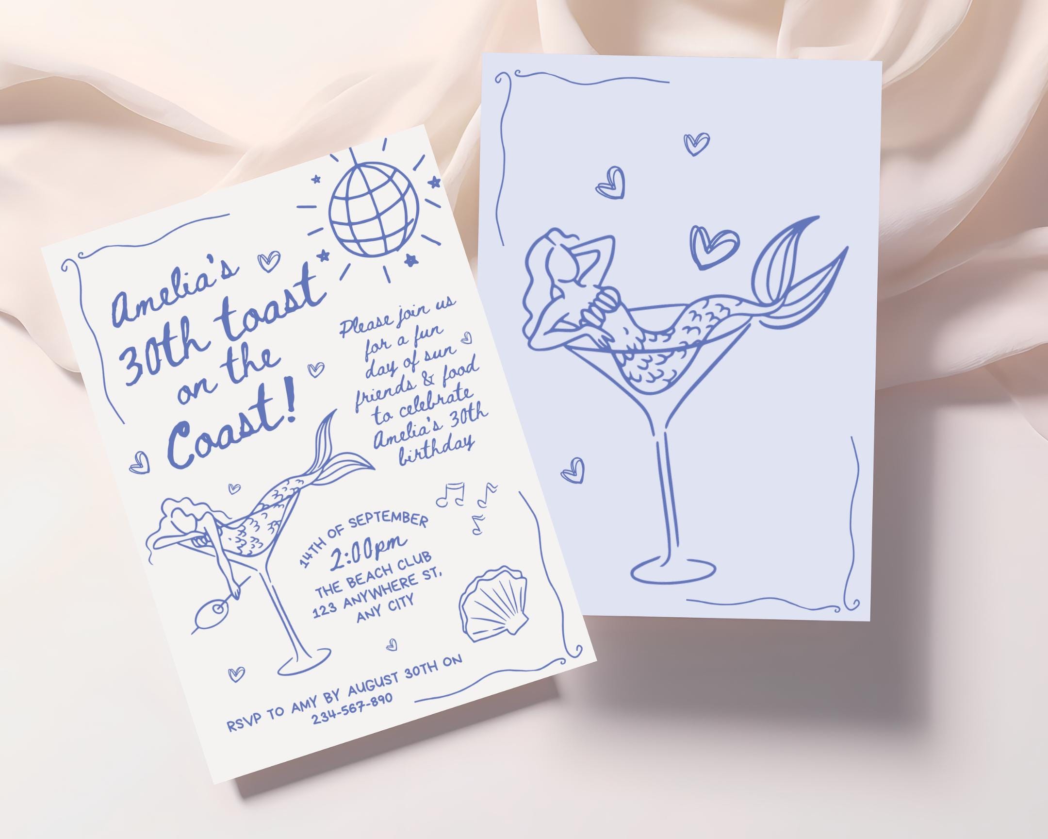 Any Age Hand Drawn Birthday Invitation, 30th Toast on the Coast ...