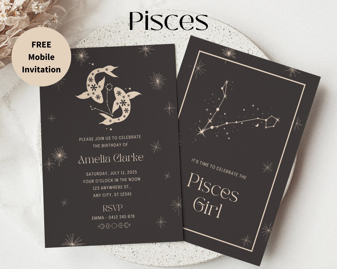Pisces Invitation Printable 5x7'' & Digital Invite, Horoscope Birthday ...