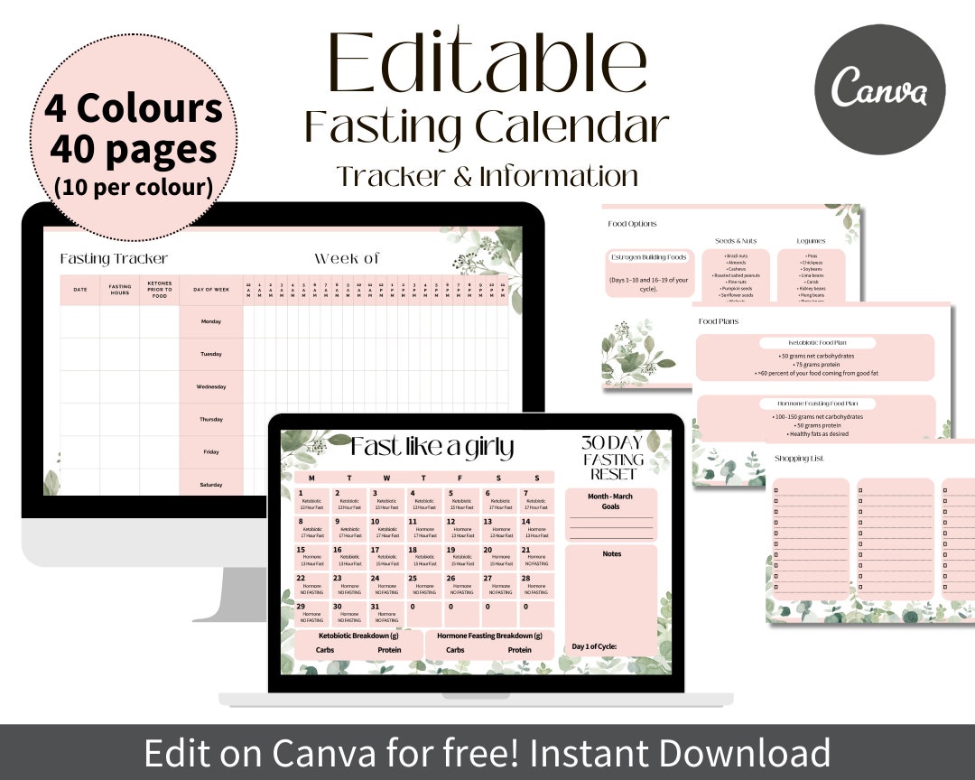 EDITABLE Fasting Planner, Fasting Calendar, Intermittent Fasting ...