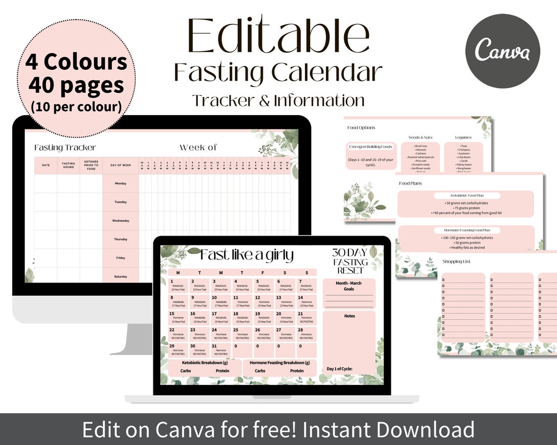 EDITABLE Fasting Planner, Fasting Calendar, Intermittent Fasting ...