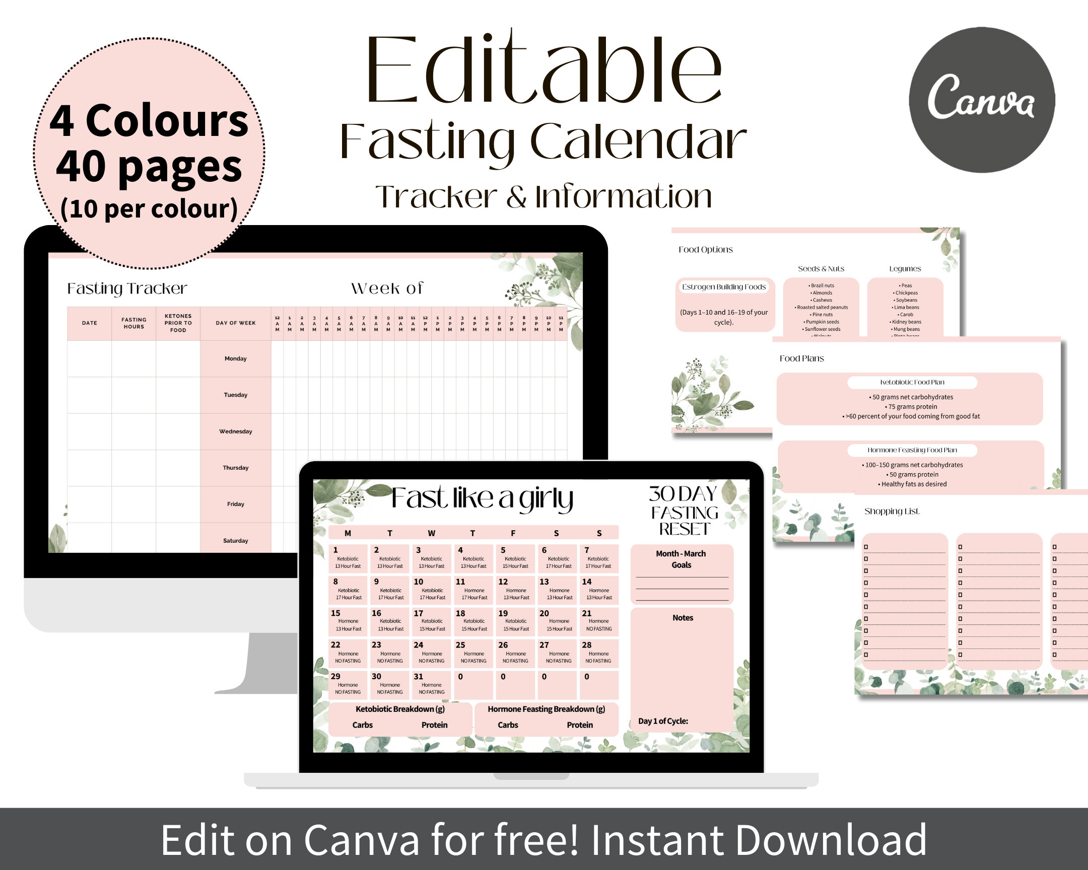 EDITABLE Fasting Planner, Fasting Calendar, Intermittent Fasting ...