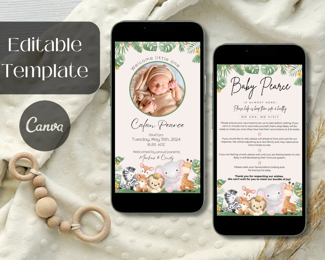 EDITABLE Digital Birth Announcement Template, Newborn Announcement ...