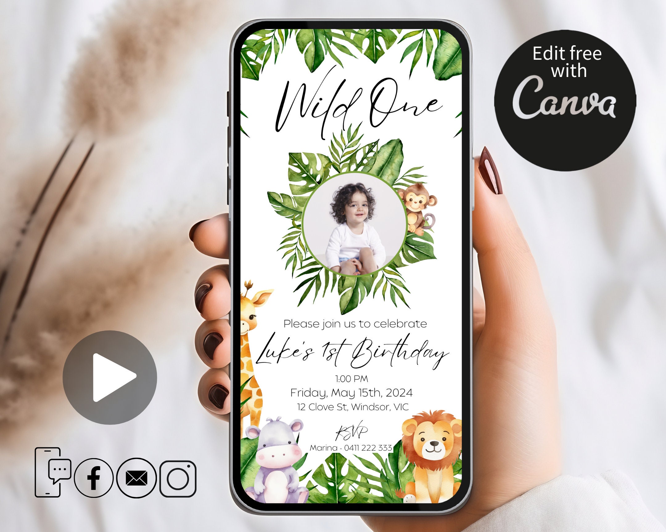 EDITABLE Safari First Birthday Invitation Template Animated, Wild One ...