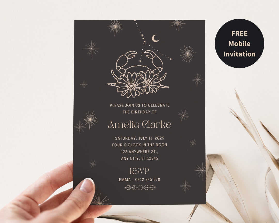 Cancer Birthday Invitation 5x7'' & Digital, Zodiac Party Printable ...