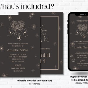 Gemini Birthday Invitation 5x7'', Zodiac Sign Printable Invitation ...