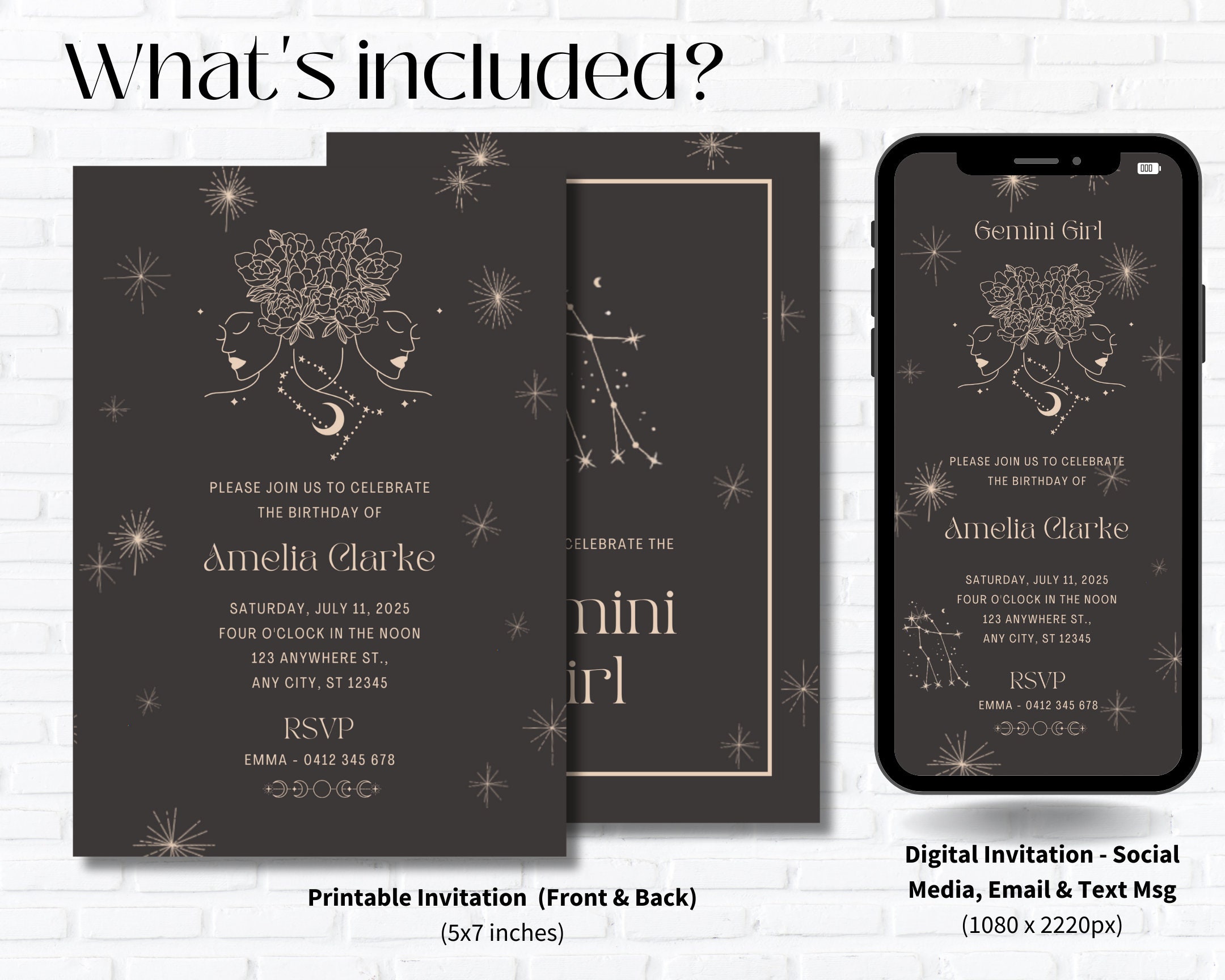 Gemini Birthday Invitation 5x7'', Zodiac Sign Printable Invitation ...