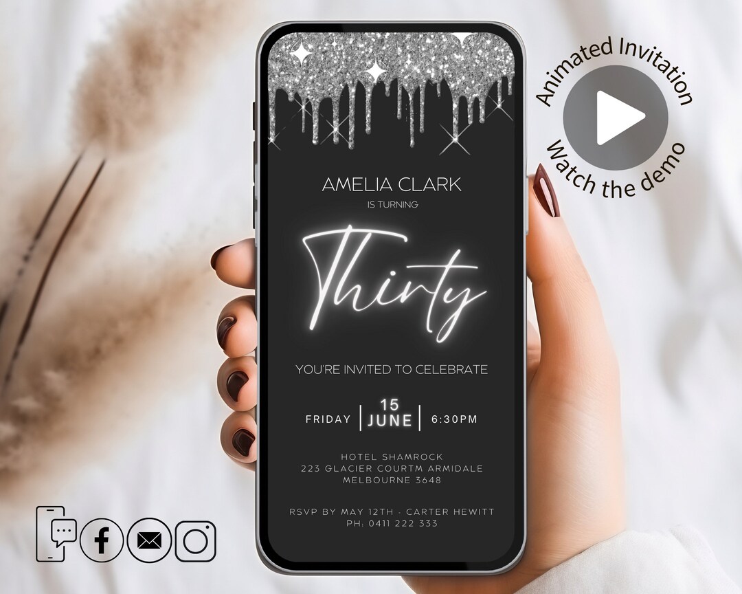 Silver Glitter Animated Digital Invite for Phone, Silver Birthday Party ...