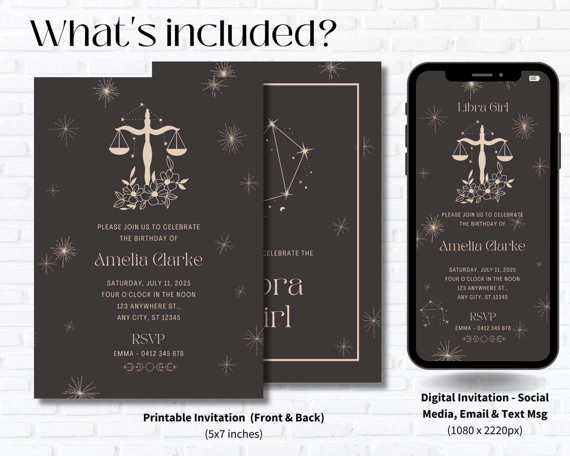 Libra Invitation 5x7'' Printable Invitation & Electronic Invite, Zodiac ...