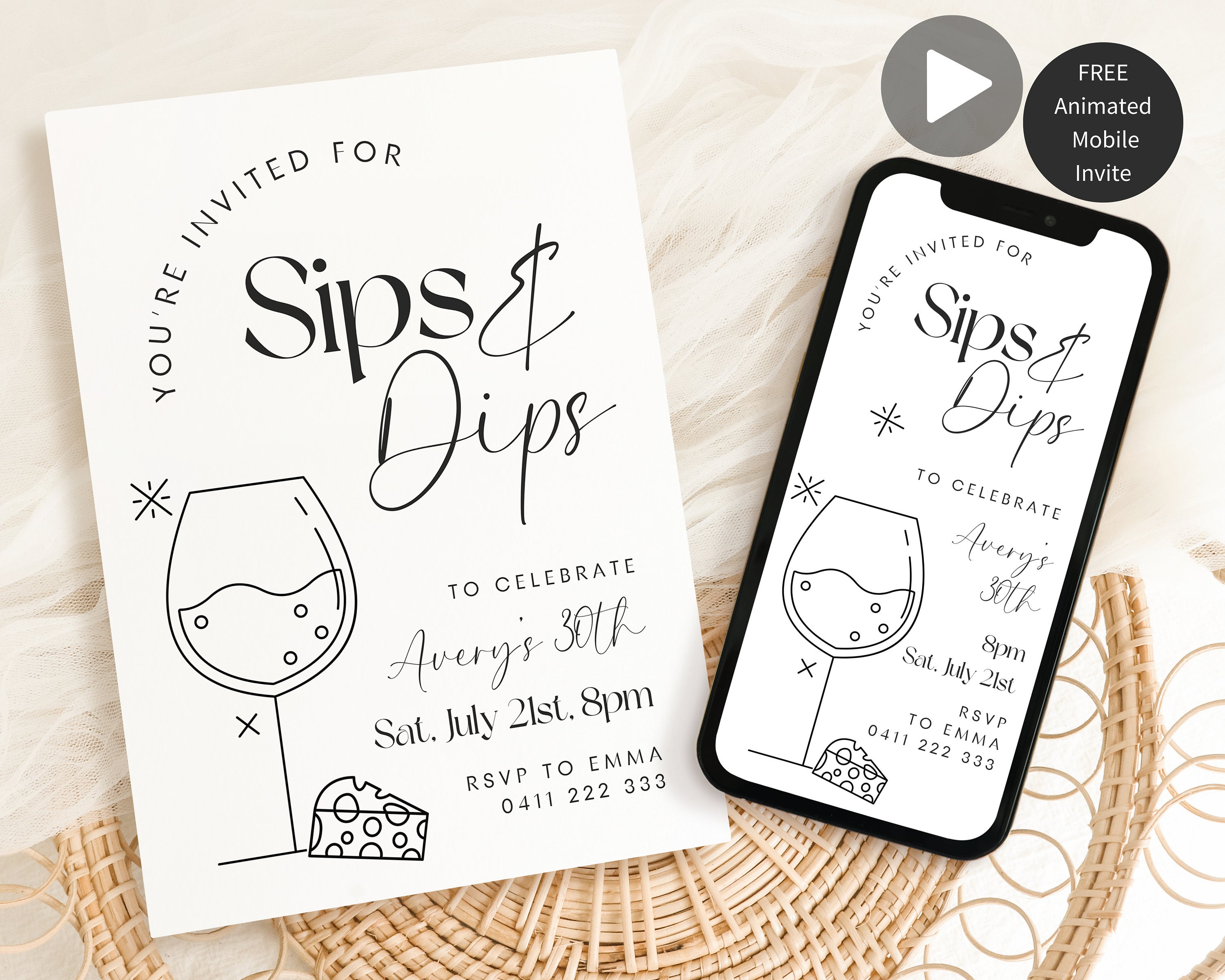 Editable Sips Dips Invitation Wine Cheese, Charcuterie Invite, Cheeseboard, Wine Night Birthday ...