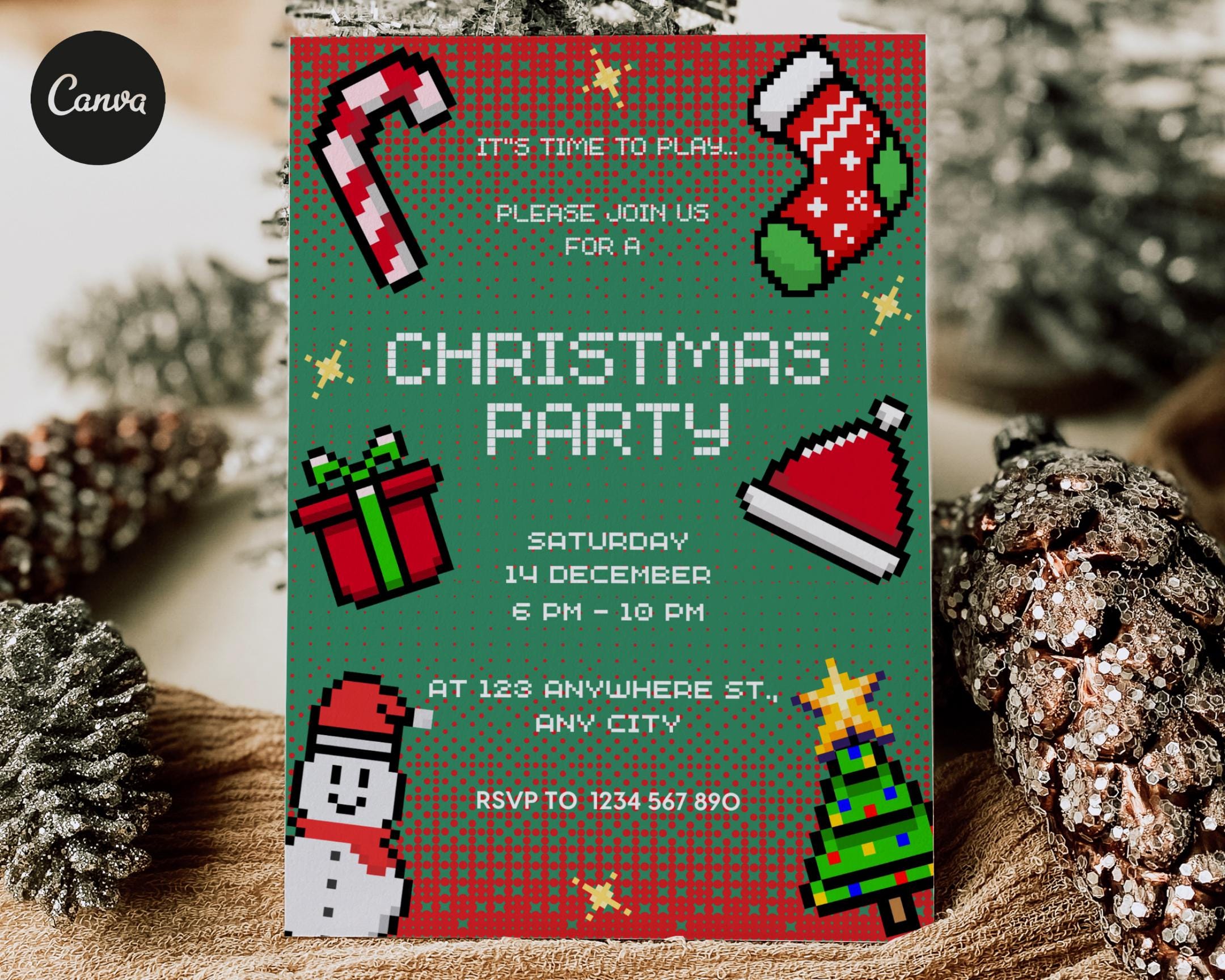 Retro Gamer Christmas Invitation, Pixel Christmas Party Invitation ...
