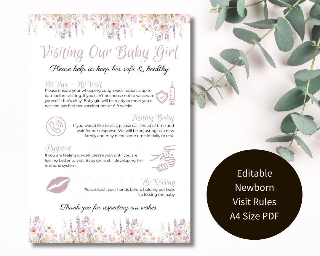Editable Newborn Rules for Visiting Baby Girl, New Baby Rules A4 ...
