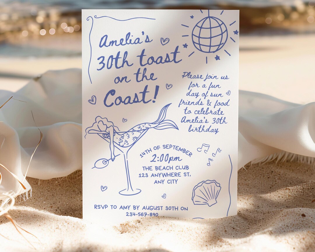 Any Age Hand Drawn Birthday Invitation, 30th Toast on the Coast ...