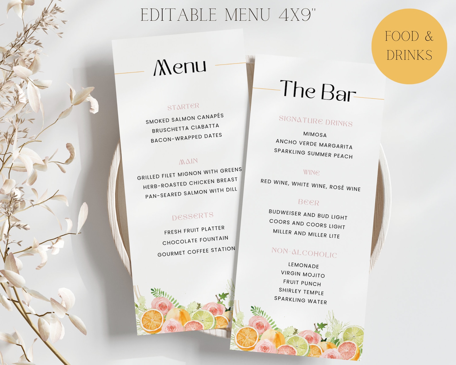 Printable Menu Template Double Sided or Single Sided 4x9'', Editable ...