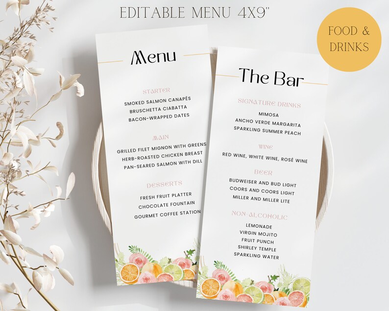 Printable Menu Template Double Sided or Single Sided 4x9'', Editable ...