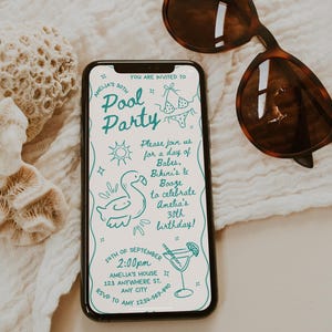 Any Age Pool Party Invite, Hand Drawn Birthday Invitation, Scribble ...