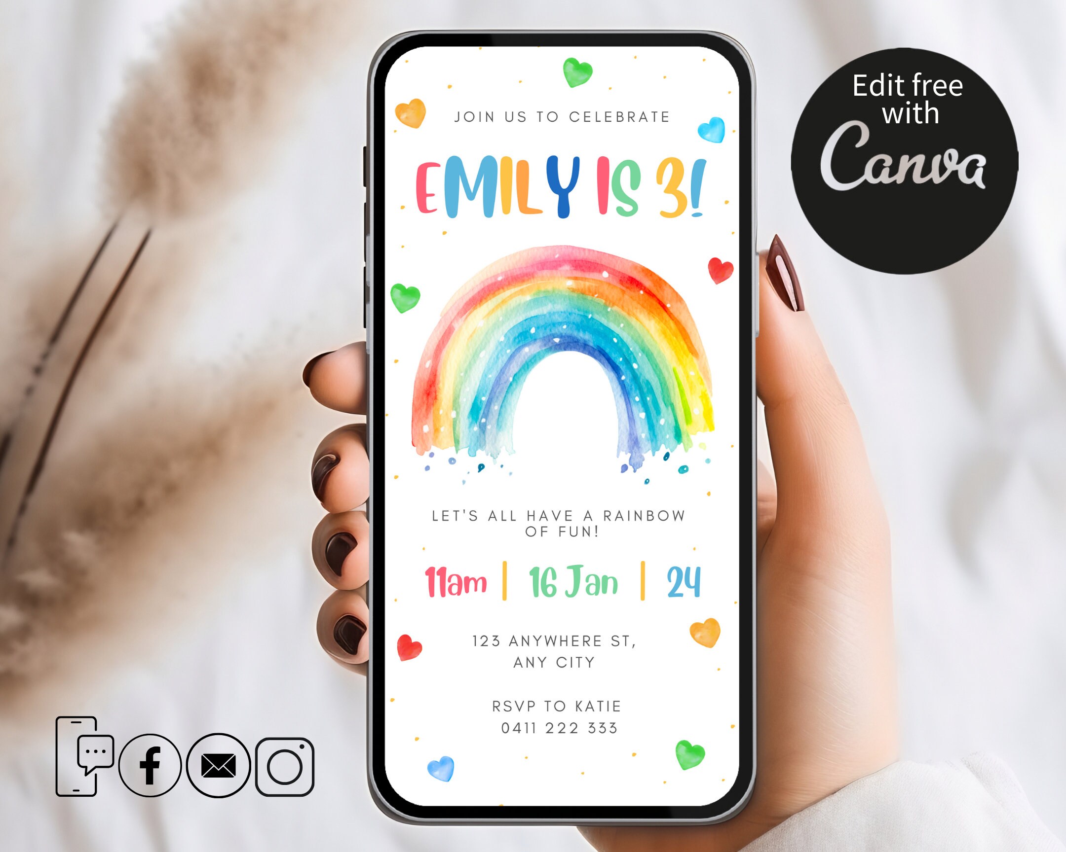 Rainbow Birthday Invitation Colorful Pastel Rainbow Party Invite 5x7 ...