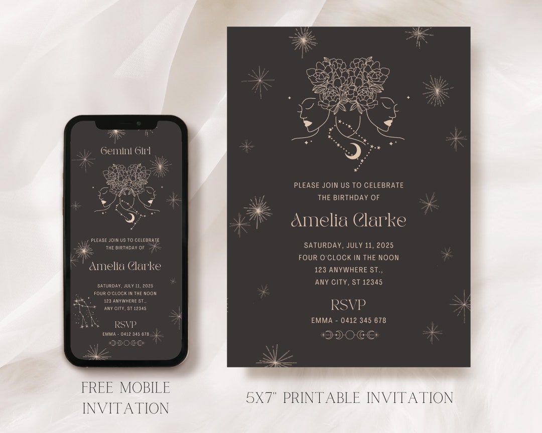 Gemini Birthday Invitation 5x7'', Zodiac Sign Printable Invitation ...