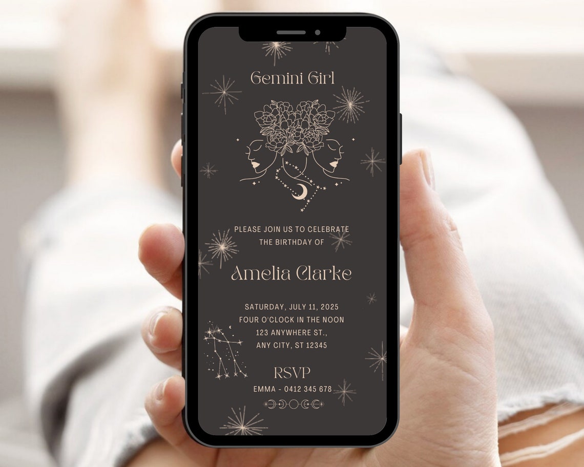 Gemini Birthday Invitation 5x7'', Zodiac Sign Printable Invitation ...