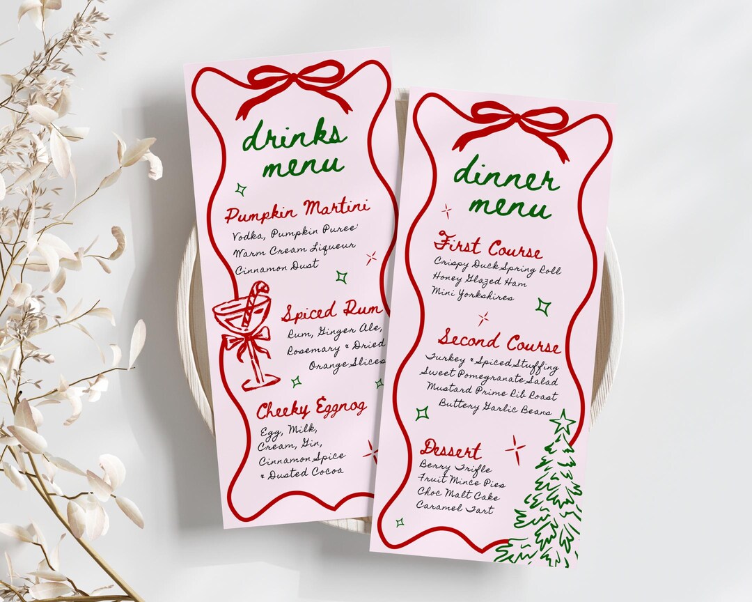 Pink Christmas Menu Cards, Christmas Eve Dinner Menu Template, Pinkmas ...