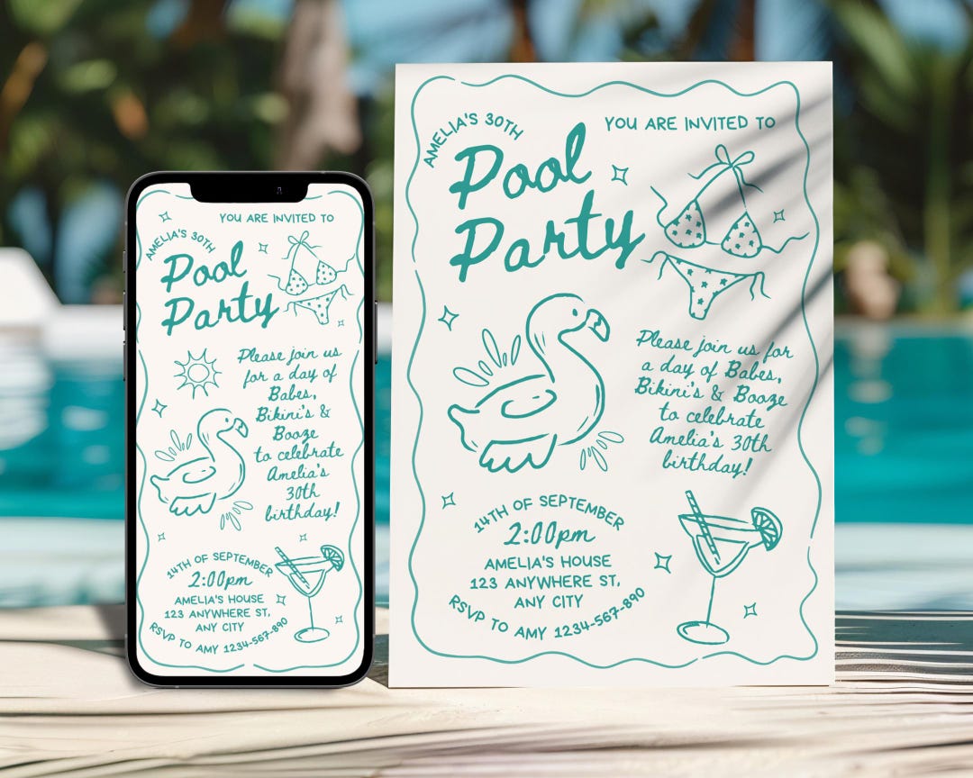 Any Age Pool Party Invite, Hand Drawn Birthday Invitation, Scribble ...