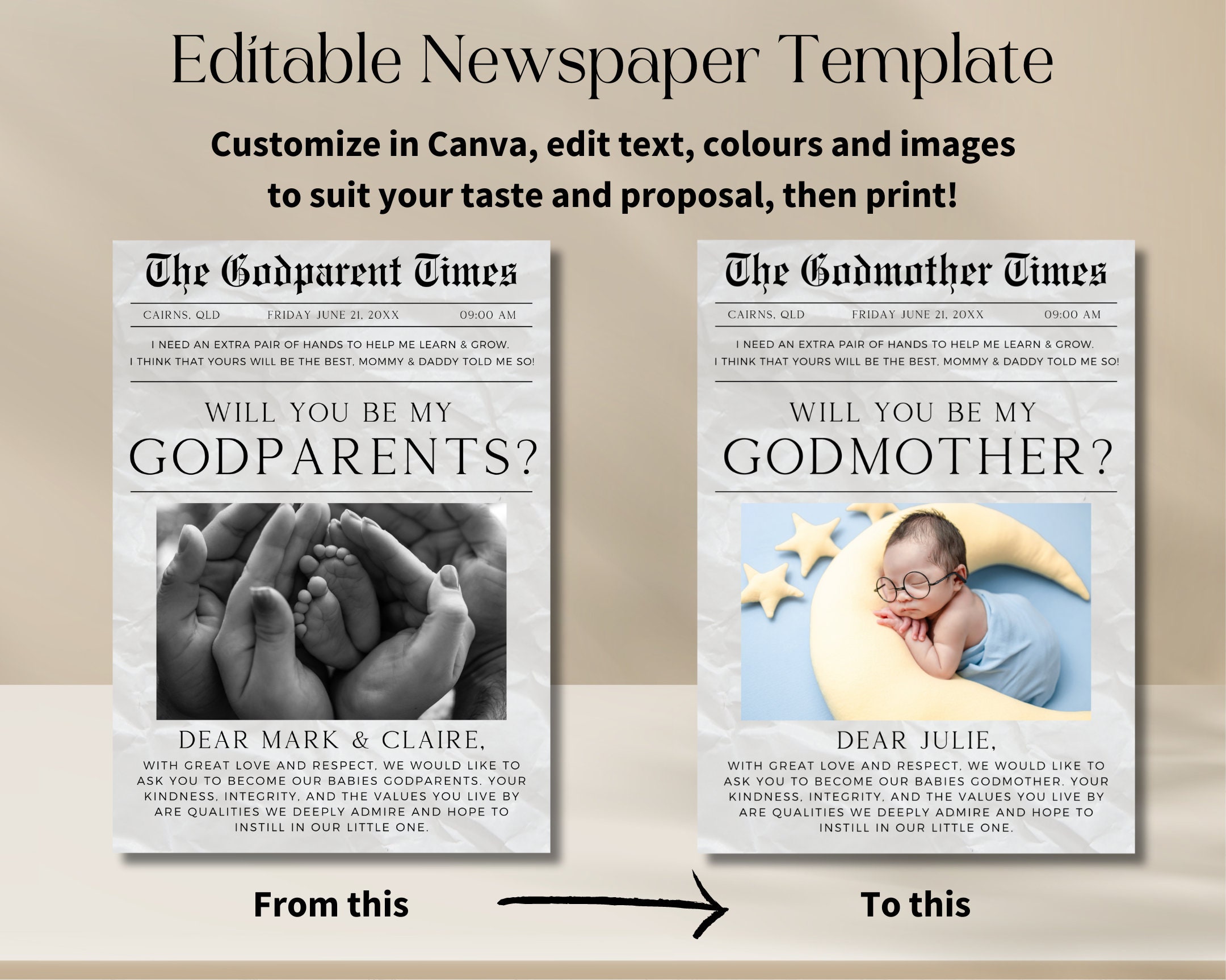 Godparent Proposal Newspaper Template, Editable Newspaper Baby Arrival ...