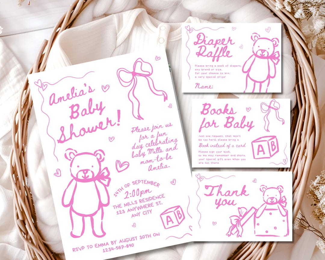 Hand Drawn Baby Shower Invitation Set, Unique Baby Shower Invite, Girl ...