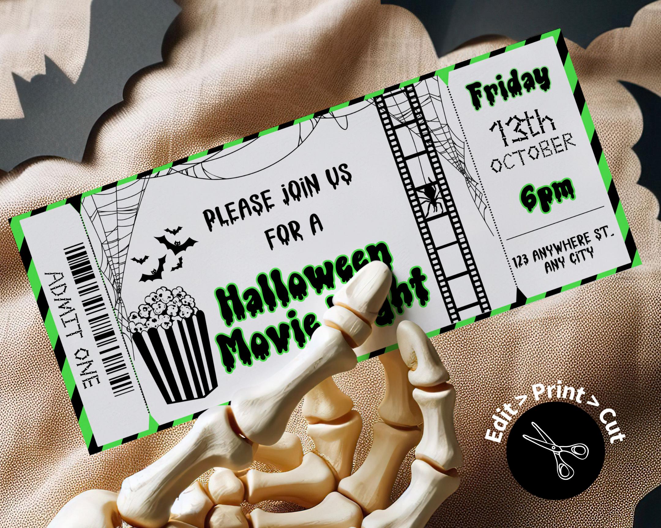 Printable Halloween Movie Ticket, Halloween Horror Movie Night, Kids ...