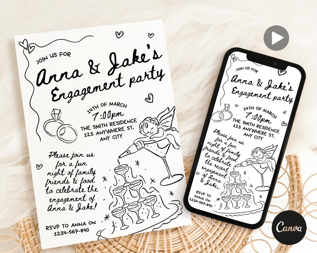 Hand Drawn Engagement Party Invitation Template, Doodle Engagement ...