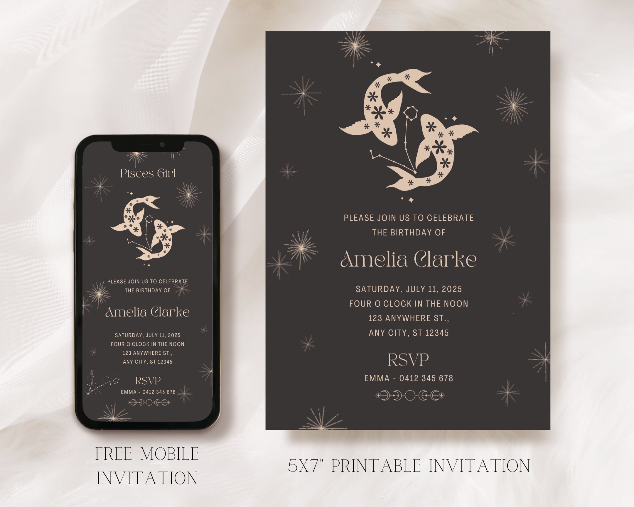 Pisces Invitation Printable 5x7'' & Digital Invite, Horoscope Birthday ...
