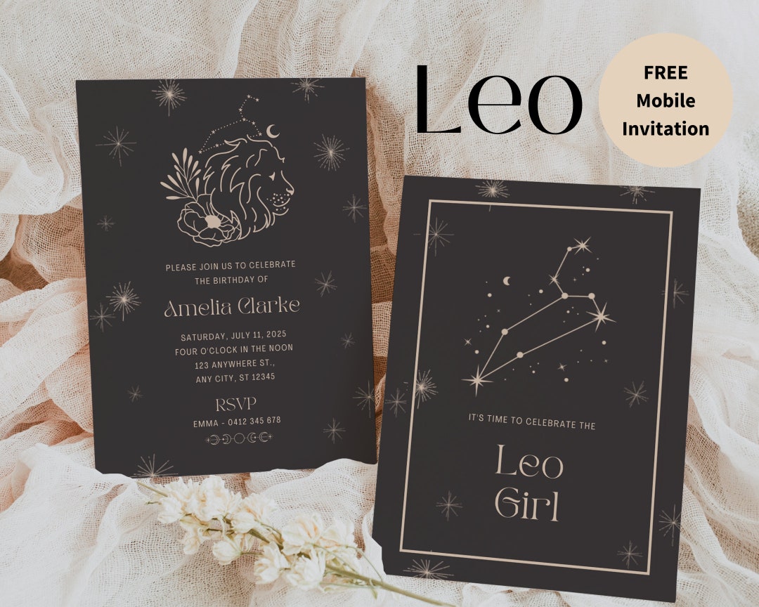 Leo Birthday Invitation 5x7'', Zodiac Party Printable, Leo the Lion ...