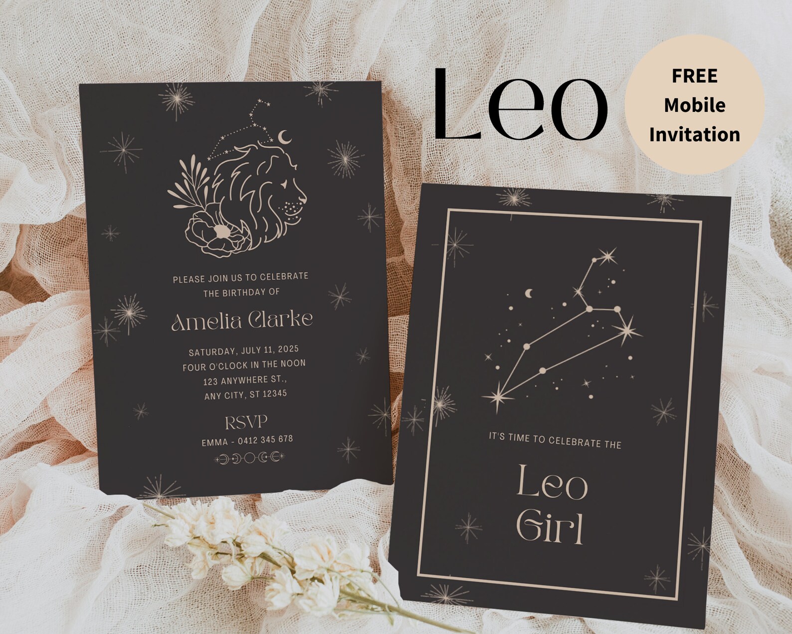 Leo Birthday Invitation 5x7'', Zodiac Party Printable, Leo the Lion ...