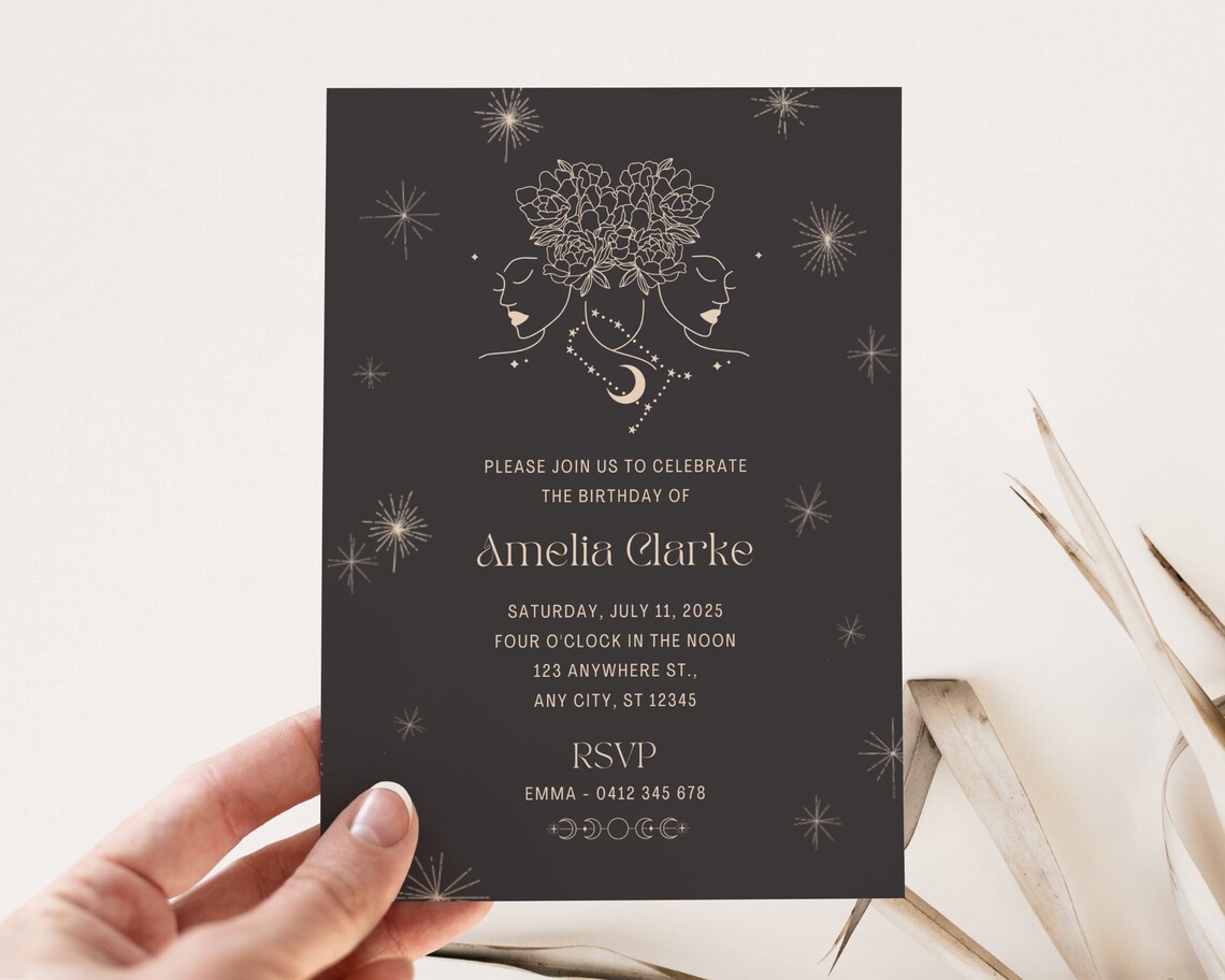 Gemini Birthday Invitation 5x7'', Zodiac Sign Printable Invitation ...