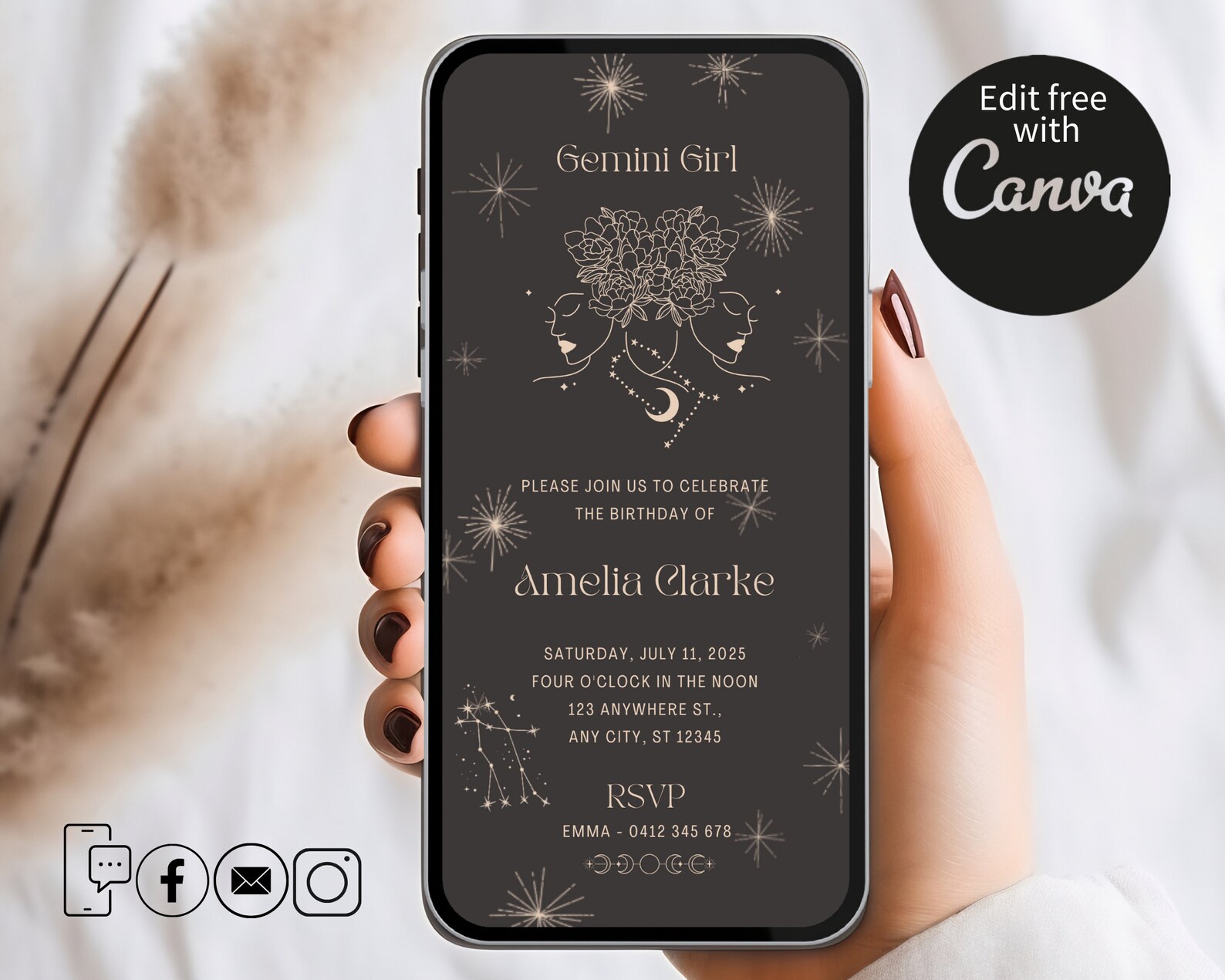 Gemini Birthday Invitation 5x7'', Zodiac Sign Printable Invitation ...