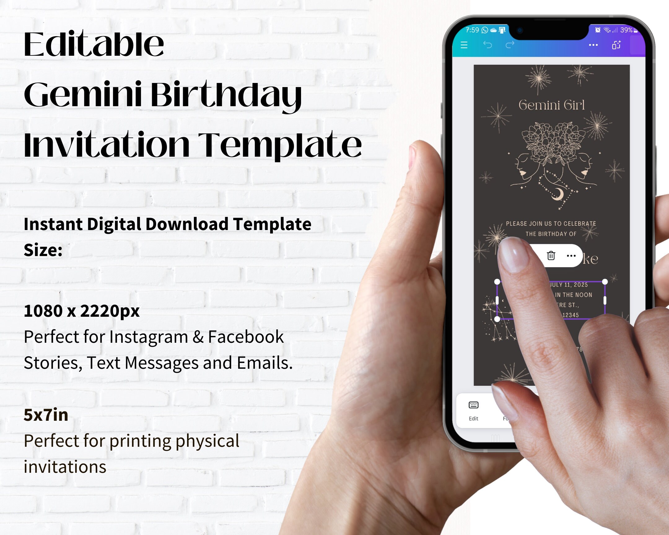 Gemini Birthday Invitation 5x7'', Zodiac Sign Printable Invitation ...