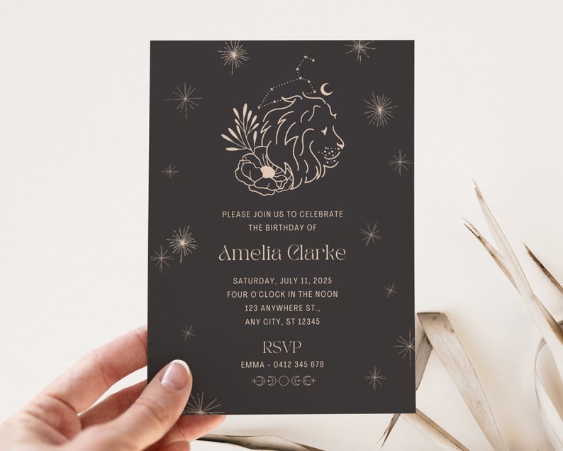 Leo Birthday Invitation 5x7'', Zodiac Party Printable, Leo the Lion ...