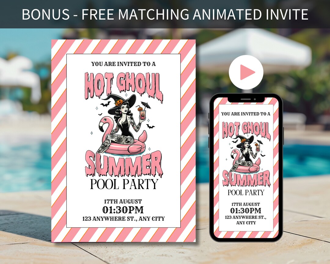 Summerween Pool Party Invite, Hot Ghoul Summer Halloween Invitation ...