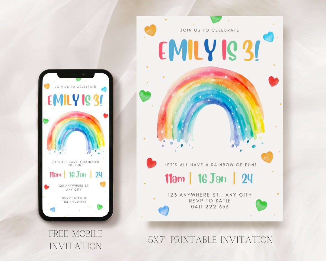 Rainbow Birthday Invitation Colorful Pastel Rainbow Party Invite 5x7 ...