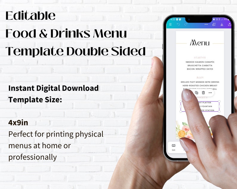 Printable Menu Template Double Sided or Single Sided 4x9'', Editable ...