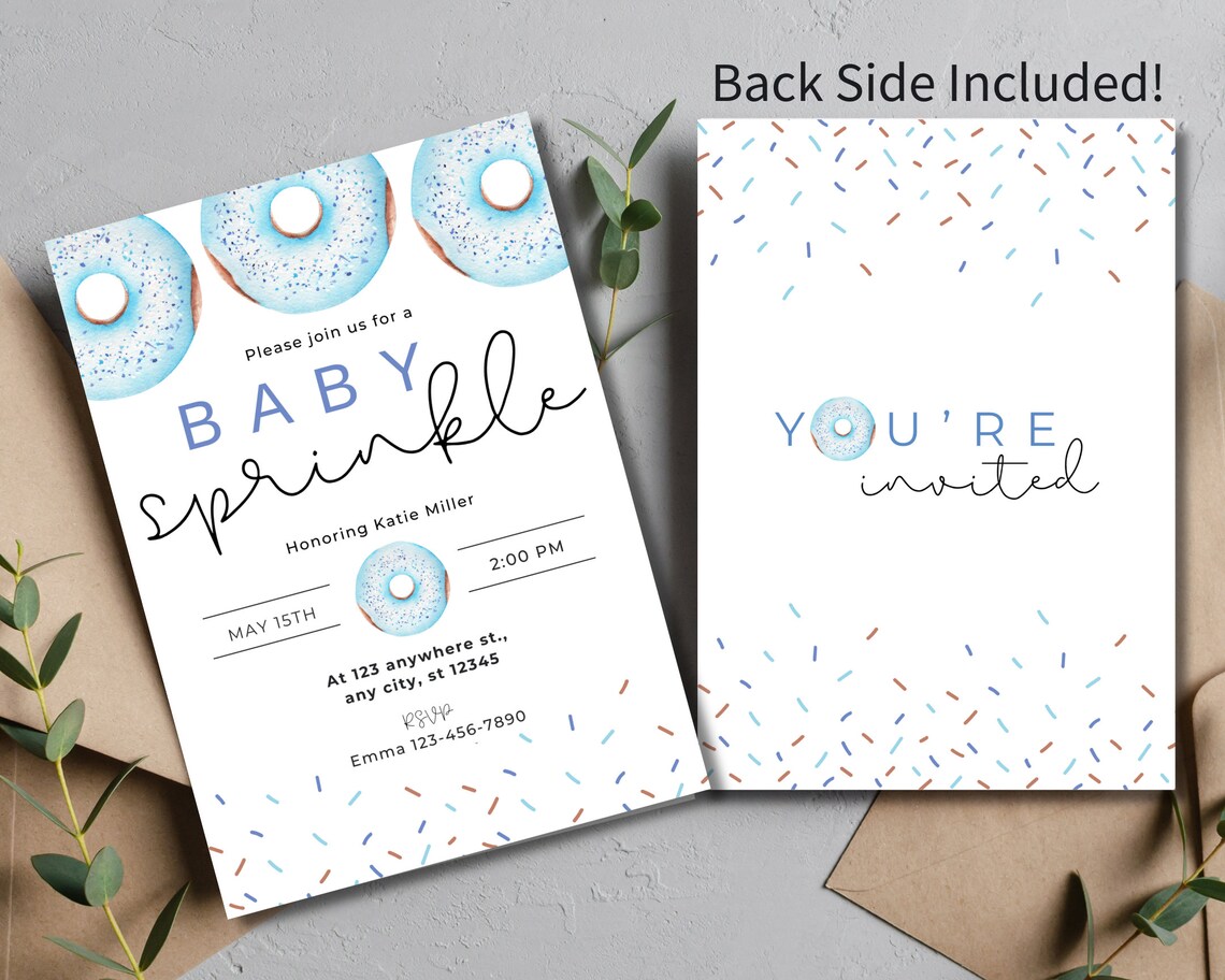 Blue Donut Baby Sprinkle Invitation 5x7'' & Digital, Donut Boy Baby ...