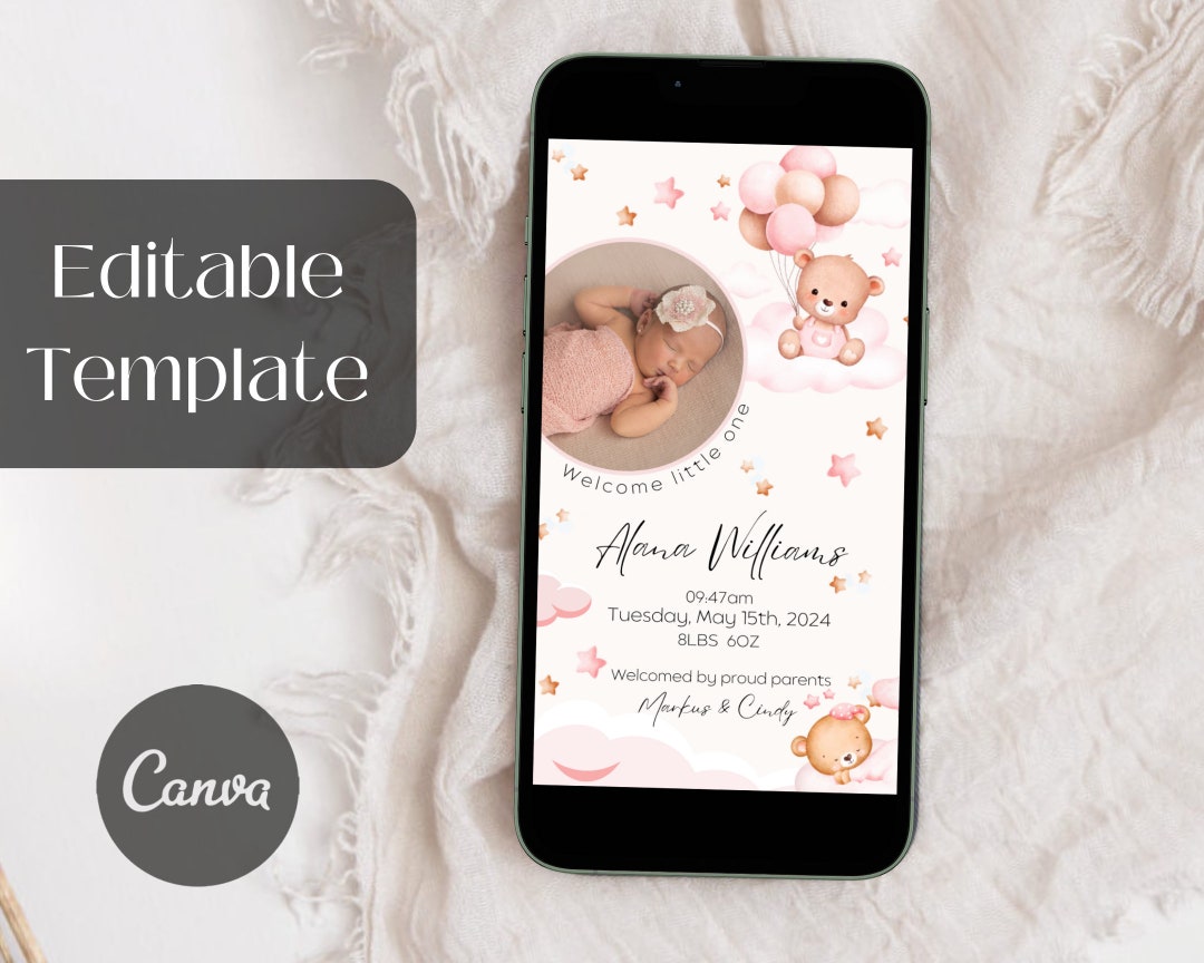 EDITABLE Digital Birth Announcement Template for Newborn Baby Arrival ...