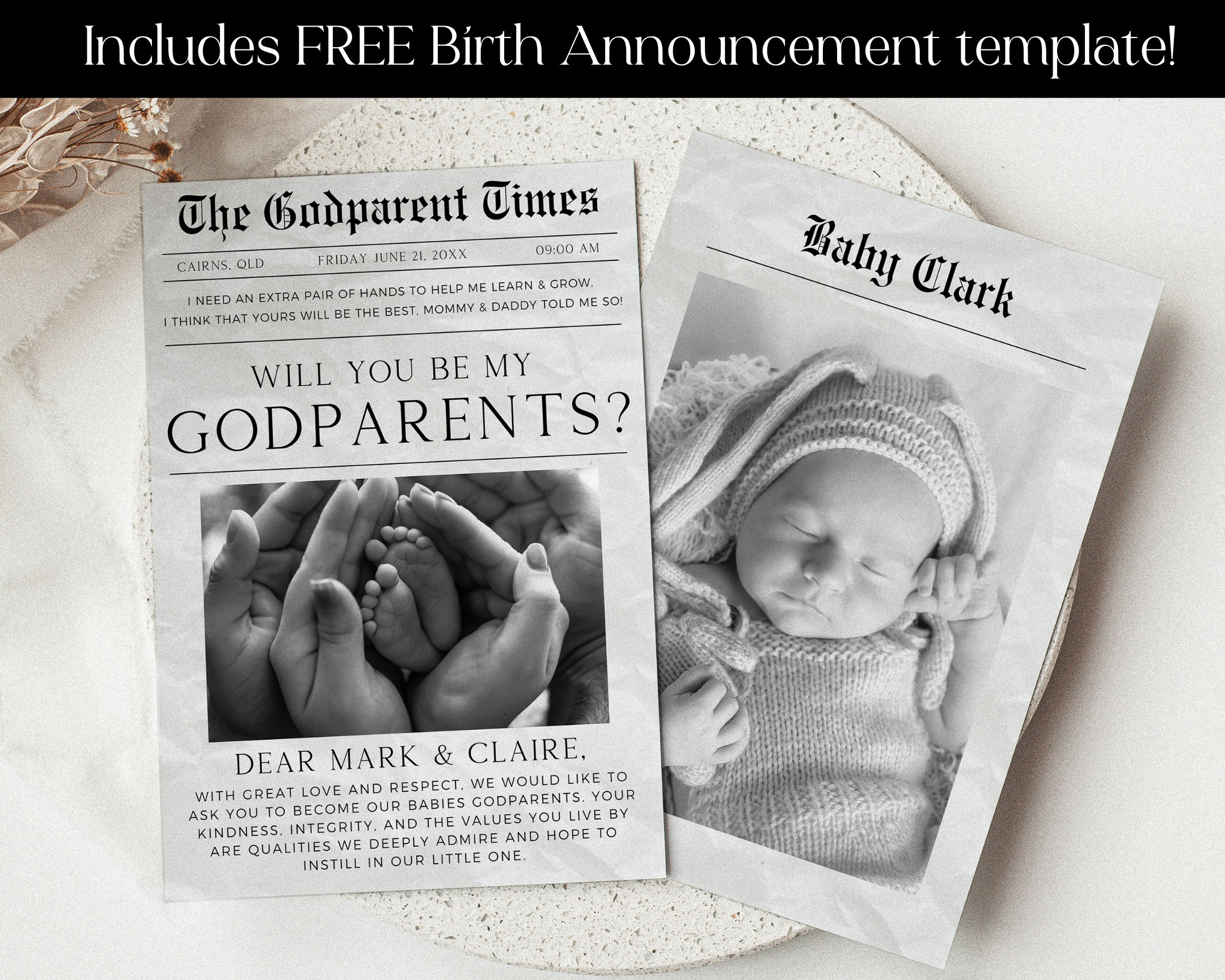Godparent Proposal Newspaper Template, Editable Newspaper Baby Arrival ...