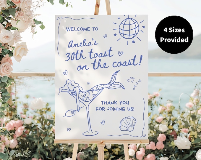 Any Age Hand Drawn Birthday Welcome Sign, Toast on the Coast Scribble ...