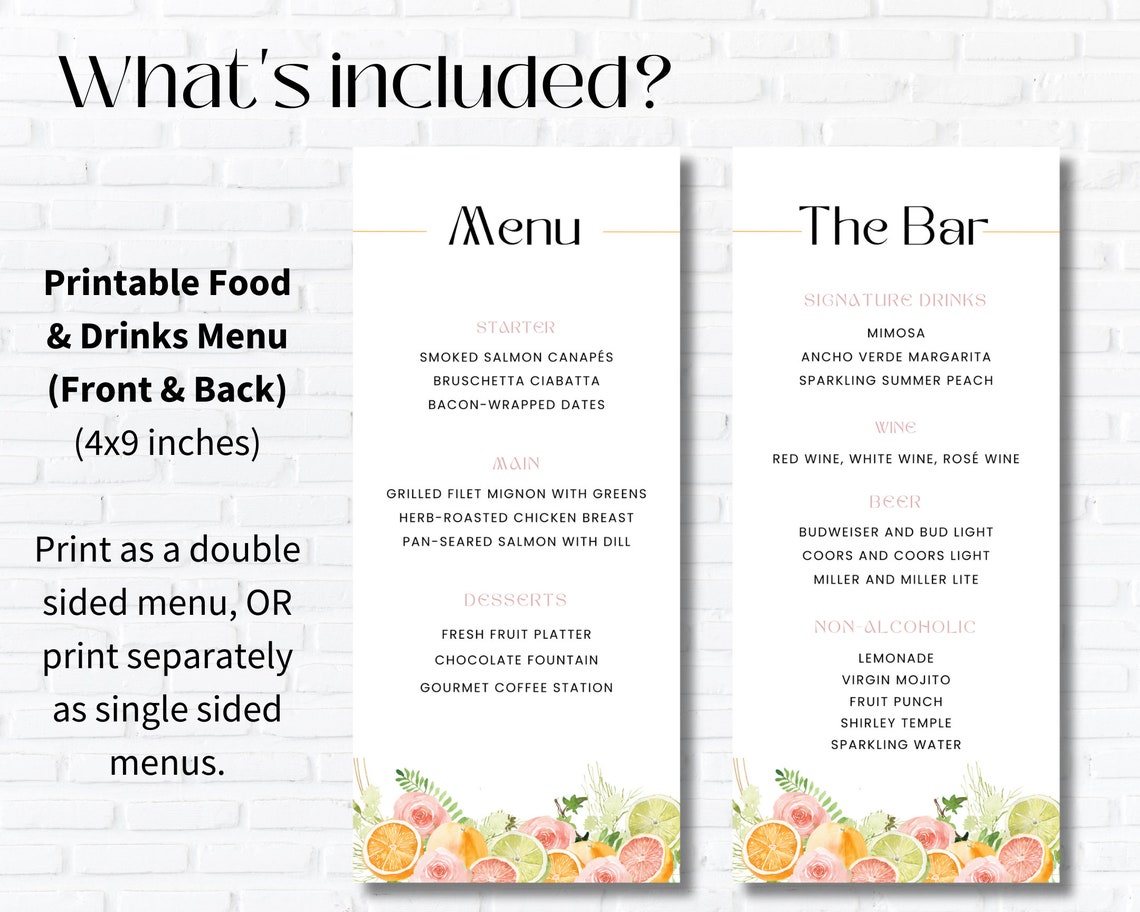 Printable Menu Template Double Sided or Single Sided 4x9'', Editable ...