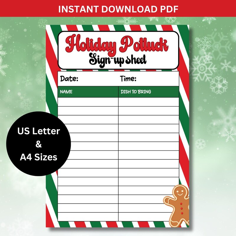 Christmas Party Potluck Sign up Sheet - Etsy