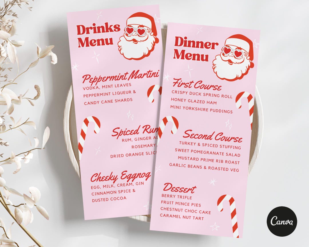 Printable Xmas Menu Template 4x9'' Pink Christmas Menu Ideas DIY ...