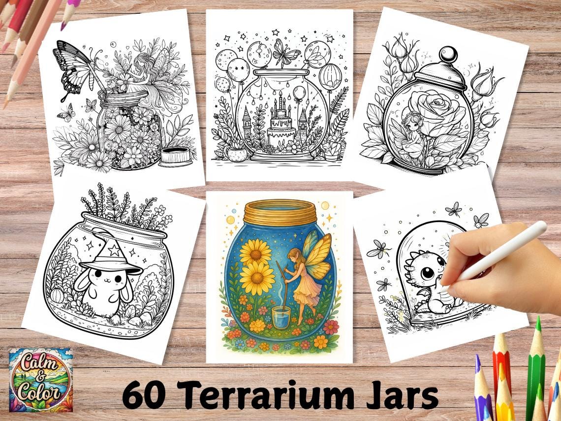 Bold and Easy Coloring Book, Terrarium Jars Coloring Pages, Cute Kawaii ...