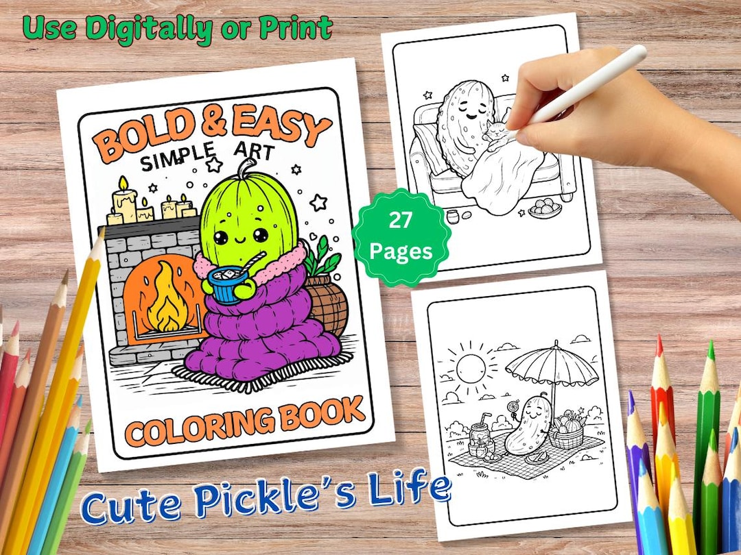 Bold and Easy Coloring Book, Cute Cozy Pickle Coloring Pages, Kawaii ...