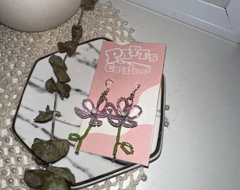 Pink Melange Beaded Earrings,pink Flower Dangle Earrings,handmade Pink ...