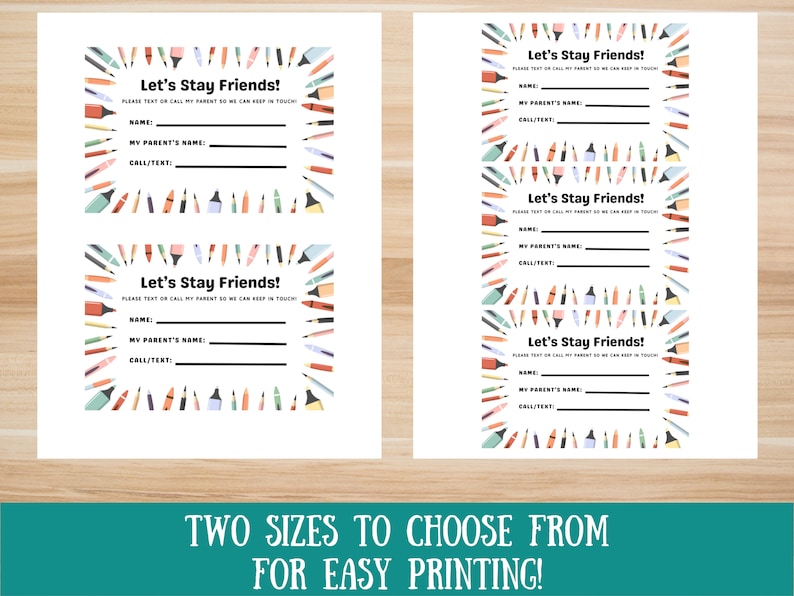 Printable Kids Contact Card: Play Date Info Exchange (digital Download ...